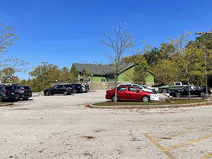 A full parking lot under a brilliant blue sky means the adventure inside is very much worth the trip.