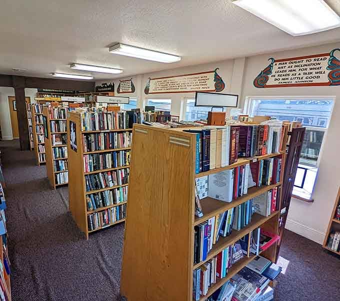 Quotes painted on the walls remind you that great readers have always known something the rest of us are still figuring out.