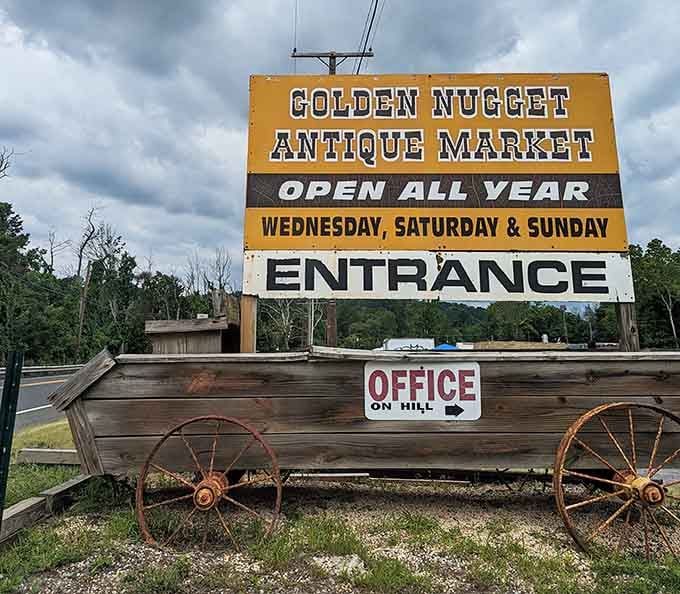 An old wagon wheel holding up a bold yellow sign. The Golden Nugget has been announcing itself with style ever since.