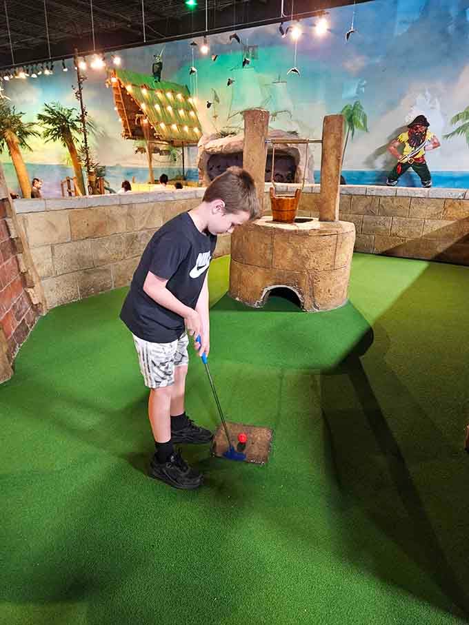 Concentration level: maximum. Grand Slam's pirate-themed mini golf course demands your full attention and rewards every good shot.
