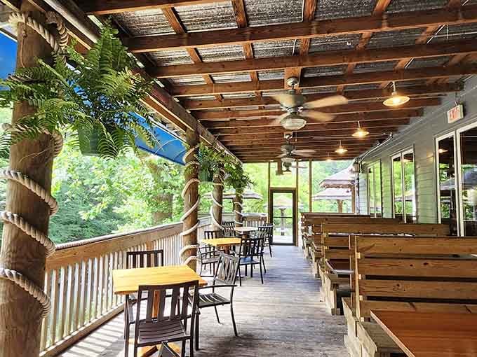 The covered outdoor patio lets you enjoy your meal with fresh air and river views, weather permitting of course.