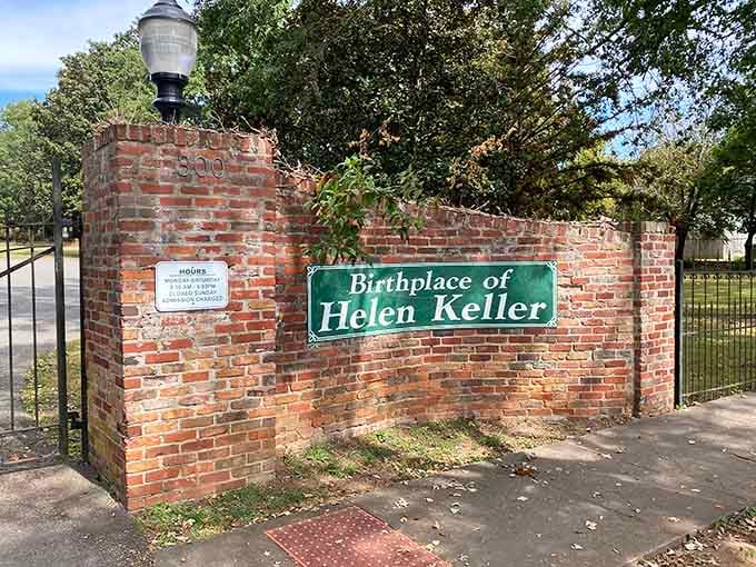 The sign says it all: this is the birthplace of Helen Keller, and Tuscumbia wears that honor well.