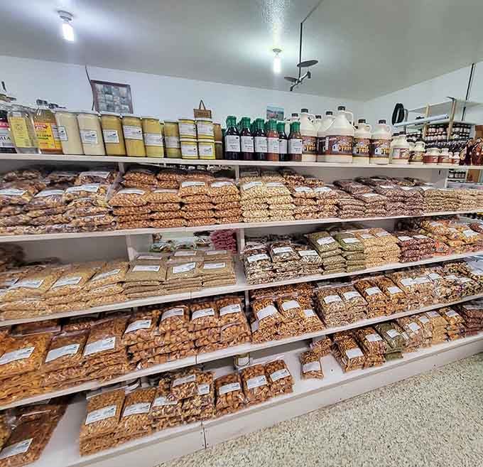Bags of noodles, jugs of syrup, and bulk snacks stretching wall to wall &mdash; this room alone is worth the drive to Millersburg.