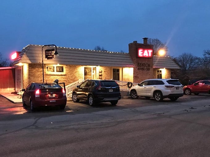 At dusk, that "EAT" sign glows like a lighthouse for hungry travelers. Follow it. You won't regret the detour.