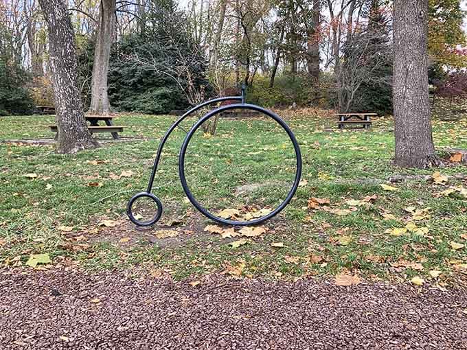 A sculptural penny-farthing bicycle stands among the trees and picnic tables. A nod to history that's also just really fun.