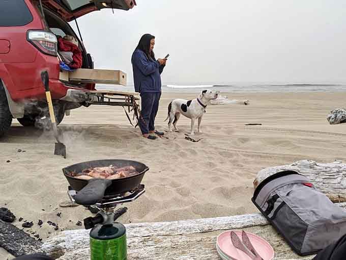Cooking on the beach with your dog watching every move, this is what a perfect Oregon day looks like.