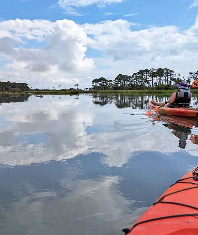 Kayaking the lagoon offers front-row seats to wildlife shows featuring herons, dolphins, and reflections so perfect they're almost unreal.