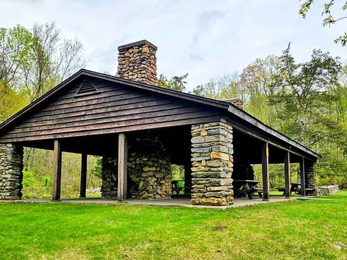 The park's stone and timber pavilion is rustic, sturdy, and built like it means serious business outdoors.