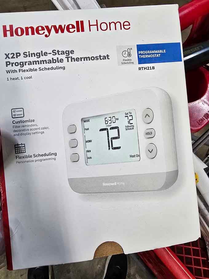 A Honeywell programmable thermostat spotted in a shopping cart, because Hylton's Crazy Bargain Bins has something useful for literally every room in your house.