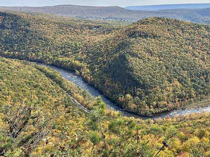 The Lehigh River carving through miles of autumn forest is Pennsylvania showing off its absolute best work.