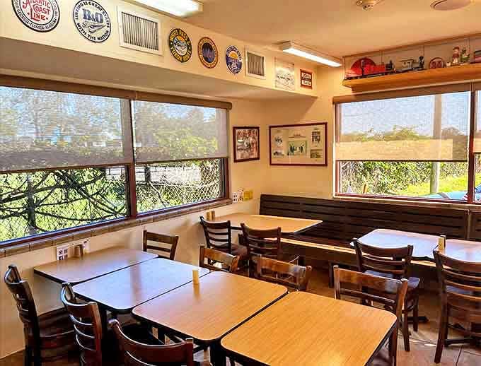 Sunlit seating with vintage charm&mdash;where conversations flow as freely as the ketchup at the condiment station.