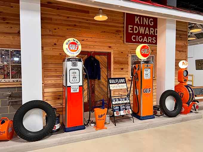 These vintage Gulf gas pumps are so perfectly staged, you half expect an attendant to come out and check your oil.