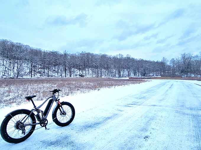 A fat-tire bike parked on a snow-covered road, because Kittatinny Valley in winter is its own kind of beautiful.