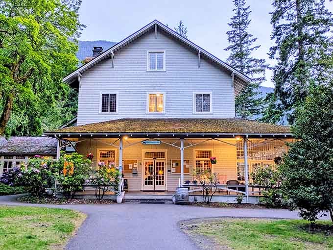 The Lake Crescent Lodge looks like the kind of place where good stories get told on the porch all evening.
