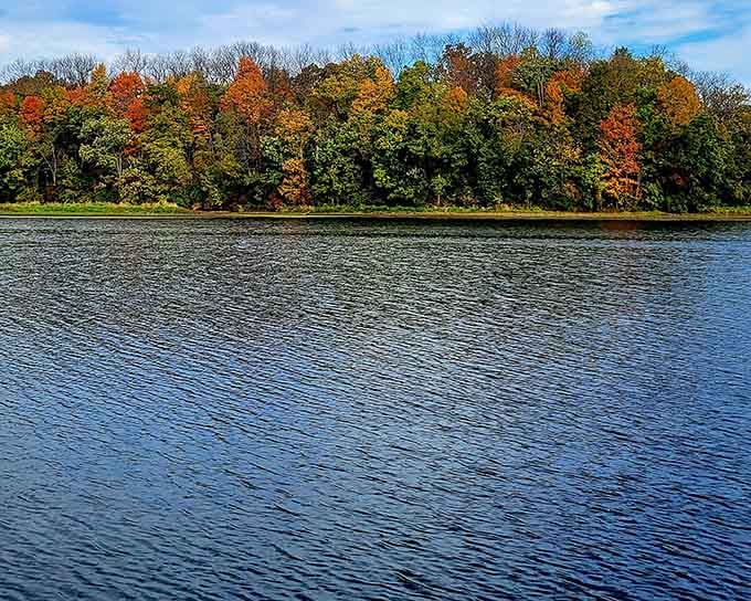 A full wall of autumn color blazing red, orange, and gold across the far shore, the lake just became the most dramatic canvas in Illinois.