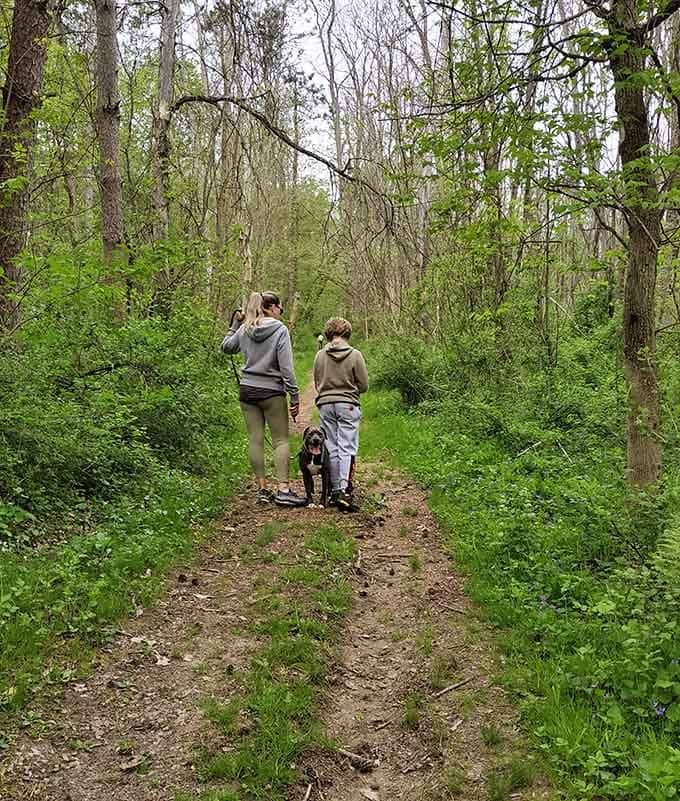 Two people and a very lucky dog hitting the trail together. Lake Le-Aqua-Na welcomes the whole family, leash and all.