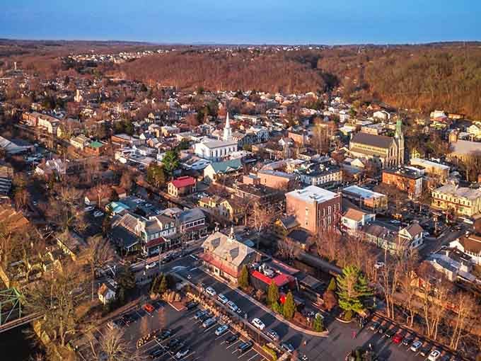 From above, Lambertville looks exactly like the kind of town you'd invent if someone asked you to design happiness.