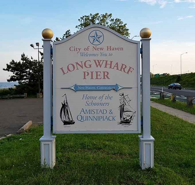 The welcoming sign proudly announces you've arrived at Long Wharf Pier, home to Connecticut's floating history lessons.