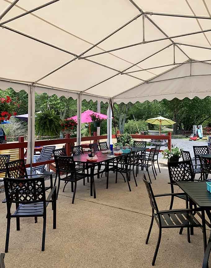 Outdoor patio seating surrounded by flowers makes warm weather breakfast even more delightful and memorable.