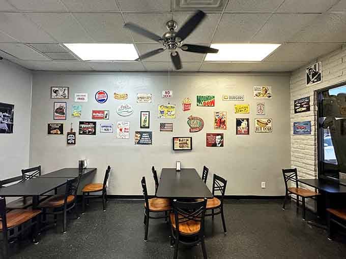 Retro tin signs, ceiling fans, and simple tables. Lucky's dining room feels like a comfortable step back in time.