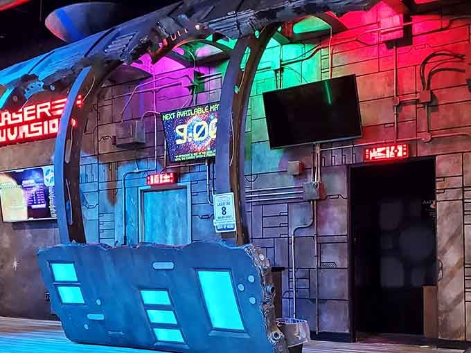 The Laser Invasion entrance looks like a spaceship docking bay, and honestly, that's exactly the energy this place deserves.