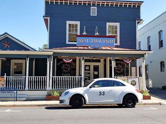 Southwind Cafe: a deep blue building, a welcoming porch, and a Volkswagen Beetle parked out front that somehow completes the whole picture perfectly.
