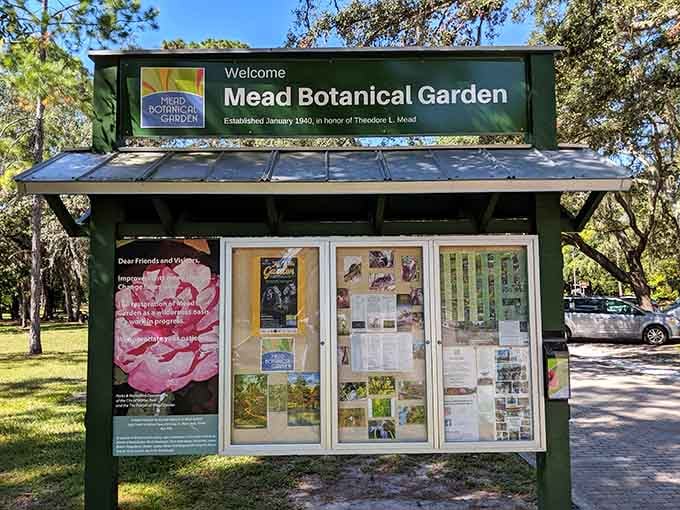 The welcome board at Mead Botanical Garden sets the tone. This place has been quietly wonderful for a long time.