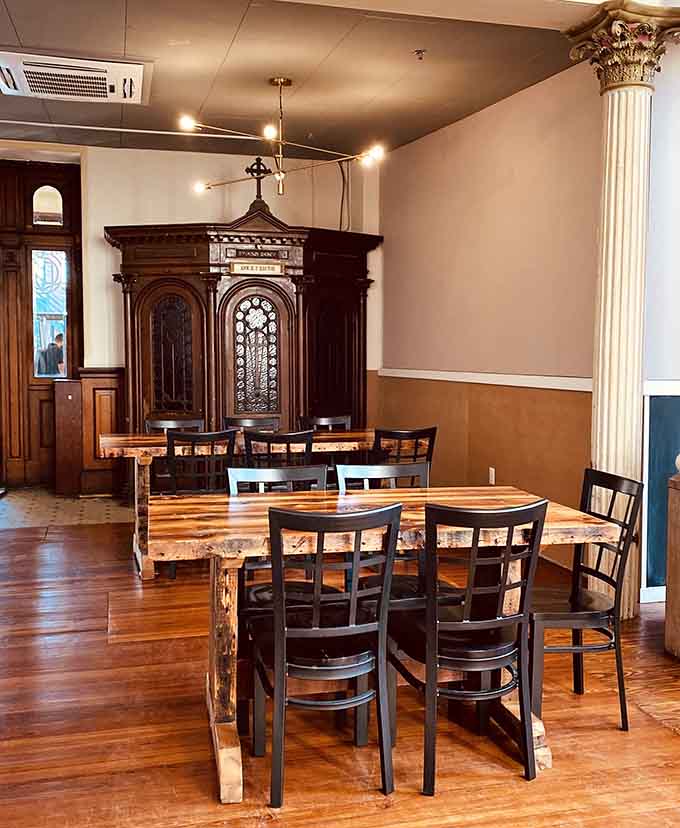 Grab a seat at these beautiful wooden tables and enjoy a fantastic brew in this stunning, historic atmosphere!
