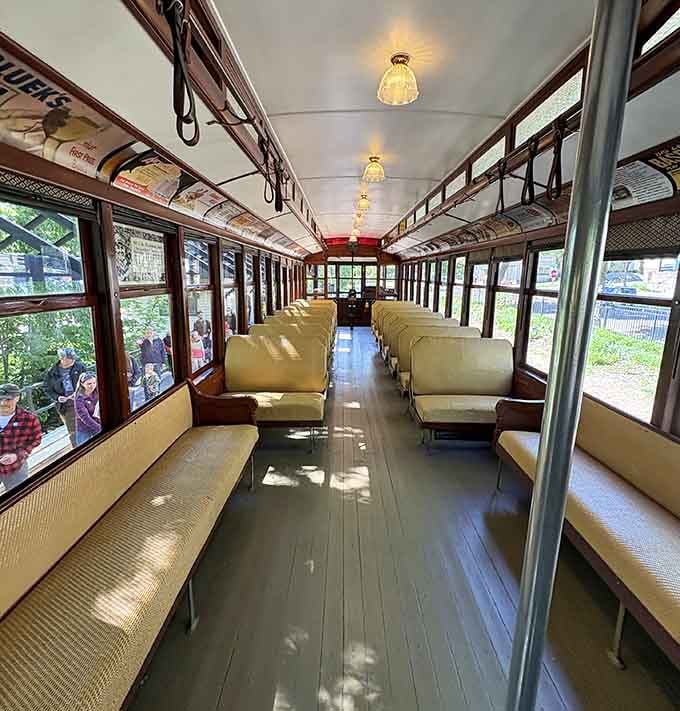 Long rows of vintage seats, warm light overhead, and windows full of green. This interior never gets old.