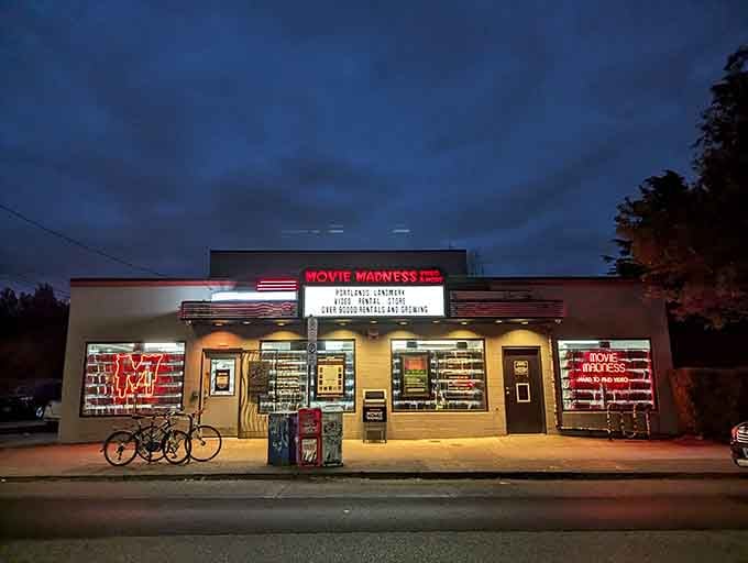 Movie Madness glows at dusk like a lighthouse for cinephiles, guiding film lovers home to analog paradise.