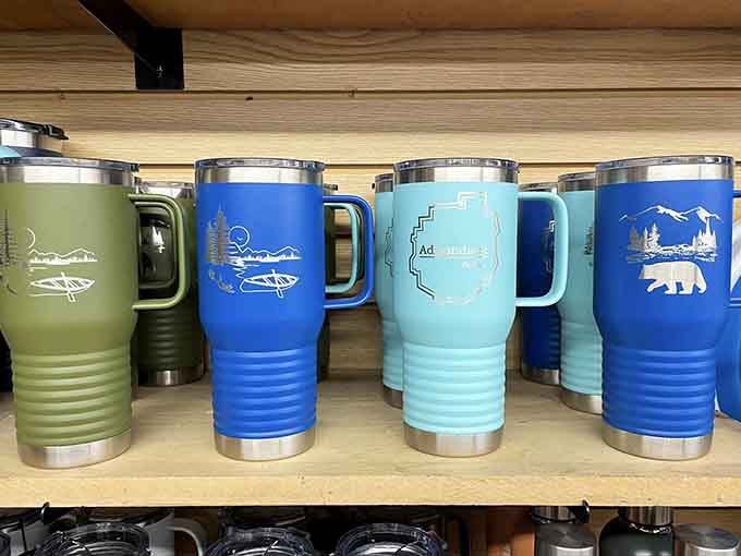 Adirondacks-engraved insulated travel mugs that keep your coffee hot long enough to actually enjoy the view out there.