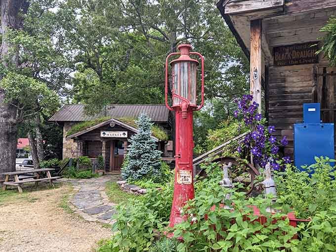 A vintage red gas pump, purple blooms, and a stone pathway leading somewhere wonderful. Georgia, you've outdone yourself.