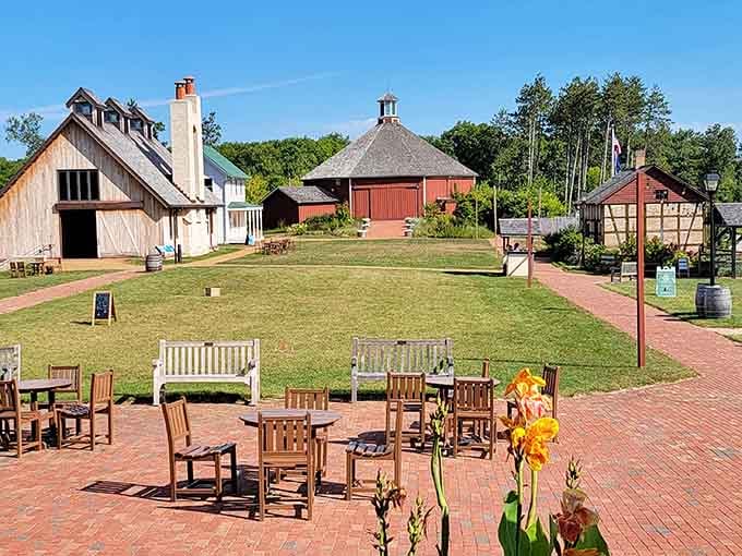 A sun-drenched courtyard surrounded by historic buildings, the kind of scene that makes you want to sit down and stay awhile.