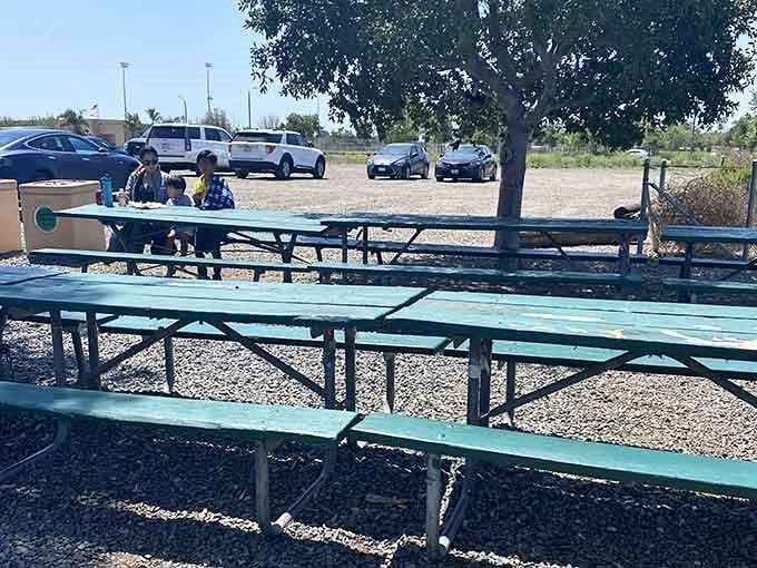 Picnic tables await for post-ride snacks, because riding miniature trains somehow works up an appetite.