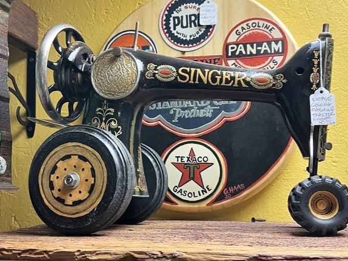 A vintage Singer sewing machine reimagined as a tractor. Equal parts art, humor, and pure Wisconsin ingenuity.