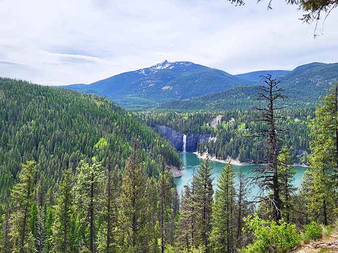 From the overlook, Peewee Falls drops into Sullivan Lake like a tiny thread of white in an enormous green tapestry.