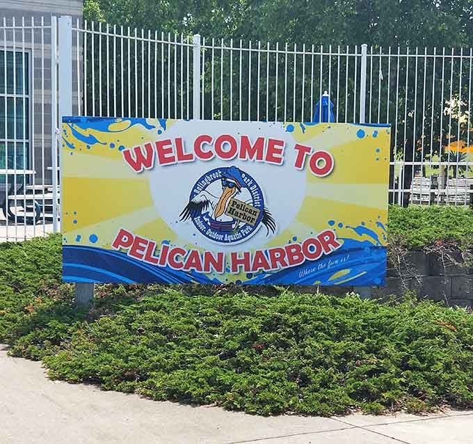 The "Welcome to Pelican Harbor" sign says it all. Where the fun is, indeed.