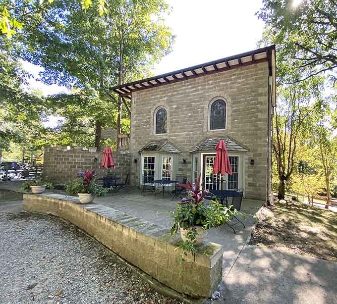 Cottage accommodations offer castle-adjacent experiences with private patios perfect for morning coffee and forest views.