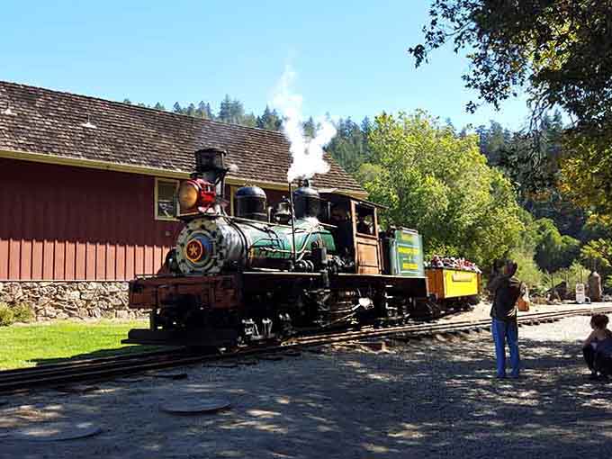 The Roaring Camp locomotive sitting near the red barn, looking every bit as magnificent as the redwood forest surrounding it.