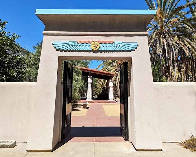 The winged entrance gateway welcomes you into another world entirely, its bold colors and Egyptian symbolism making a very strong first impression.