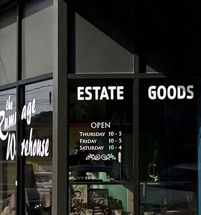 The window hours promise three days weekly to explore this treasure trove of estate goods.