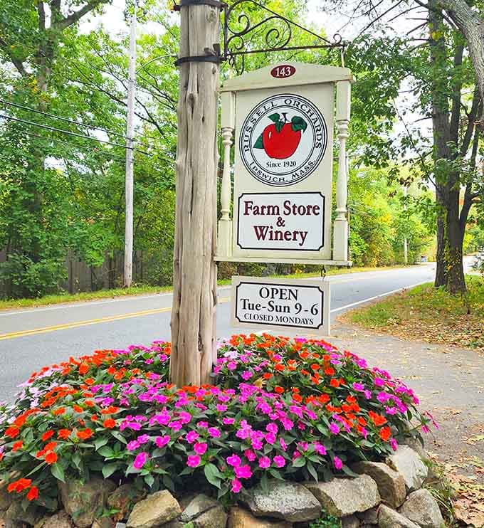 The sign says it all: Farm Store and Winery, open and ready, surrounded by flowers that clearly take their job seriously.