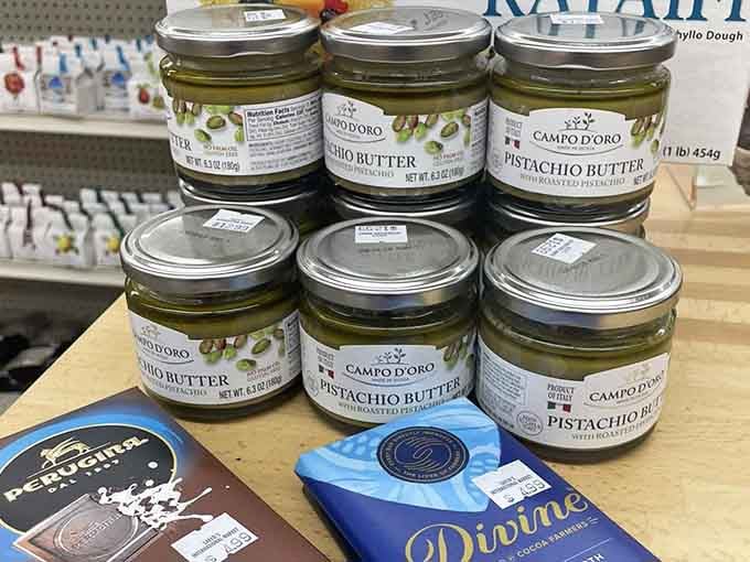 Pistachio butter jars stacked neatly, the spreadable luxury you never knew your morning toast desperately needed.