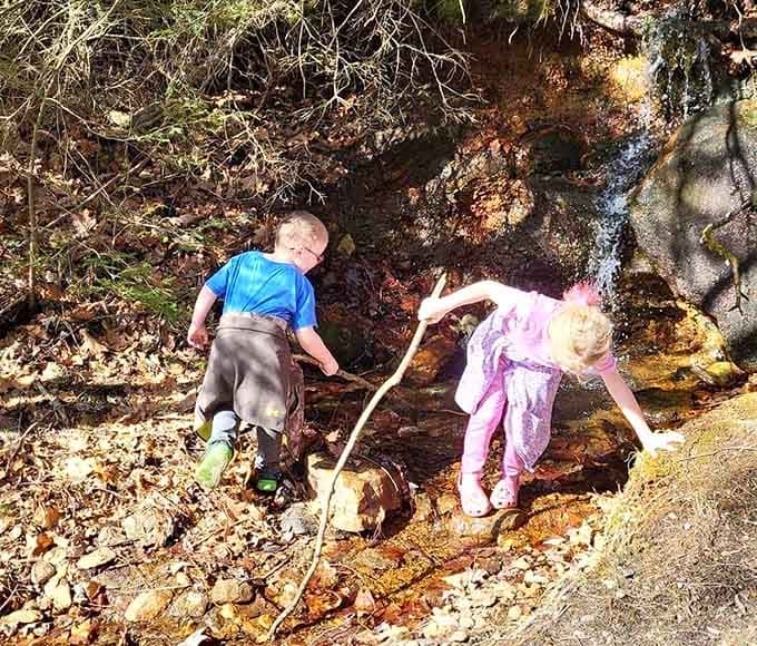 Two kids with sticks and a stream. This is the original entertainment package, and it never gets old.