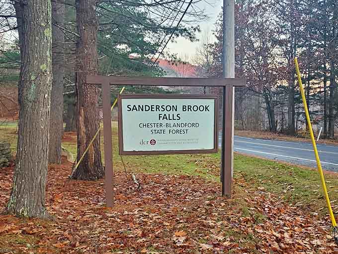 The sign says it all. Sanderson Brook Falls, Chester-Blandford State Forest, and one genuinely great afternoon waiting for you.