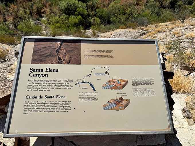 The canyon's own biography, written in rock and river. Millions of years of storytelling on one sign.