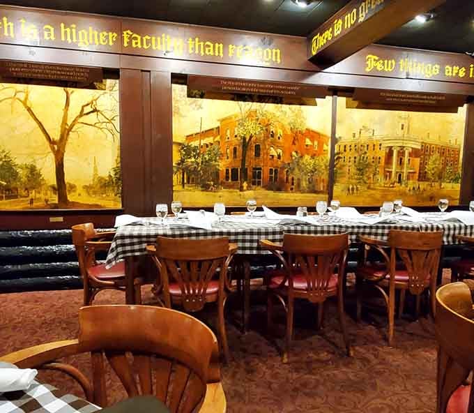Long tables, golden murals, and wisdom running along the ceiling. Schuler's dining room is genuinely one of a kind.