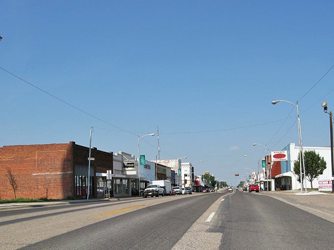 Shamrock's main commercial strip stretches toward the horizon under a cloudless sky, unhurried and completely sure of itself.