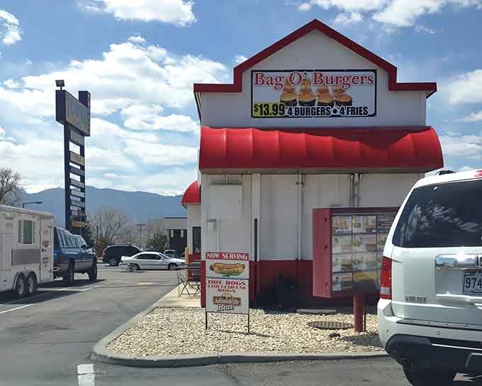 The Bag O' Burgers sign says it all. Four burgers, four fries, and mountains in the background. Perfect.