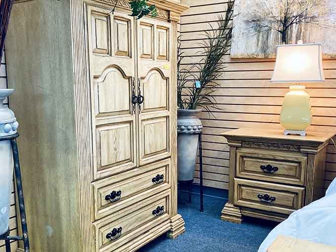 That distressed armoire with matching nightstand belongs in a French country home, not a thrift store aisle.